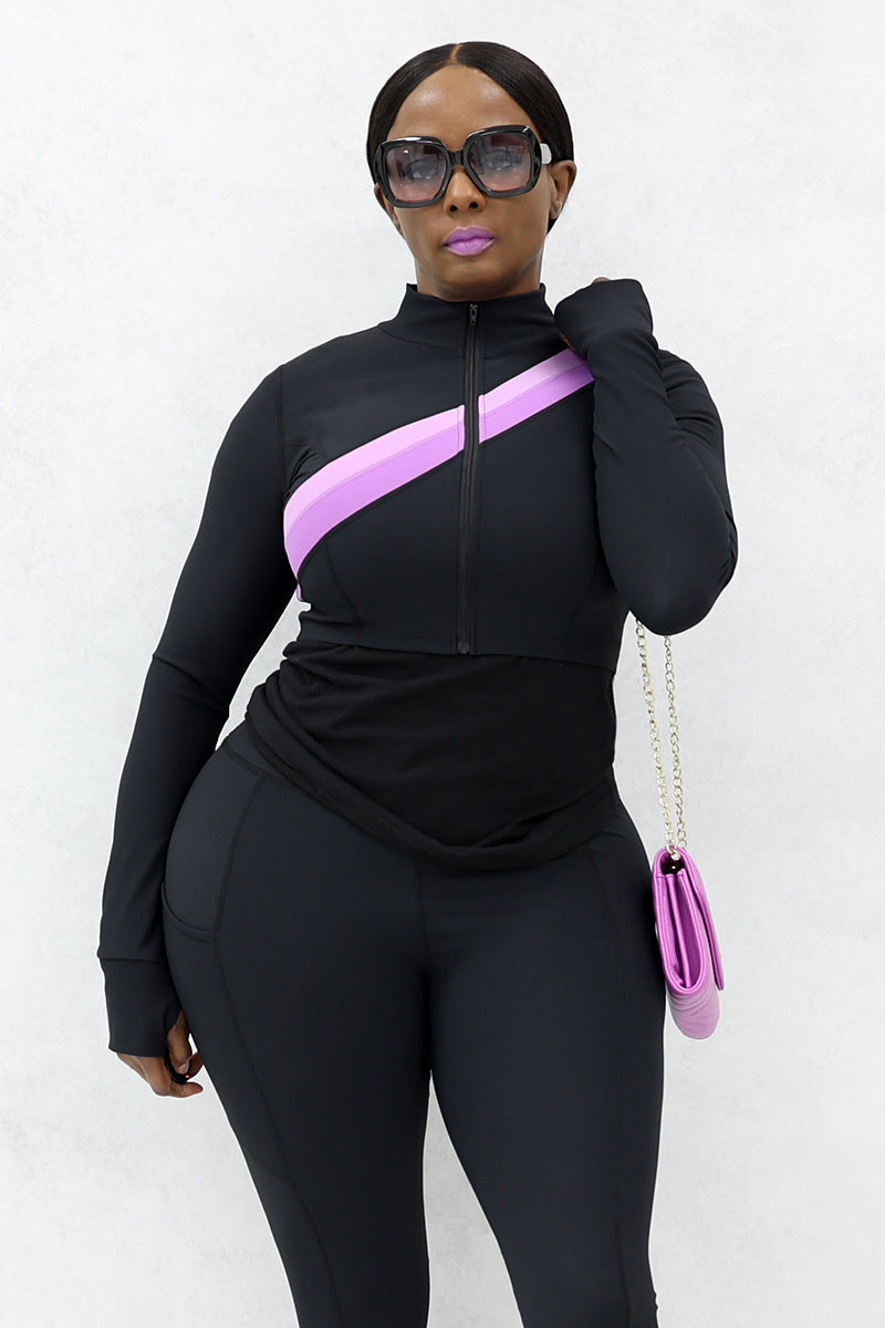 Ribbed Panel Cropped Jacket | Black & Purple Women's Jacket ...